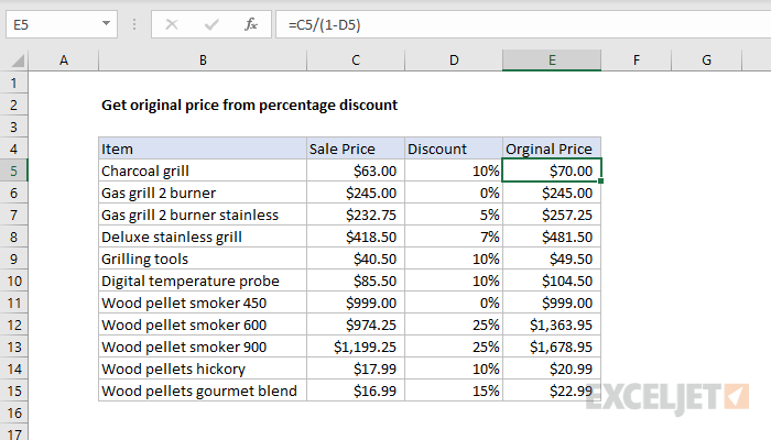 Get Original Price From Percentage Discount Excel Formula Exceljet